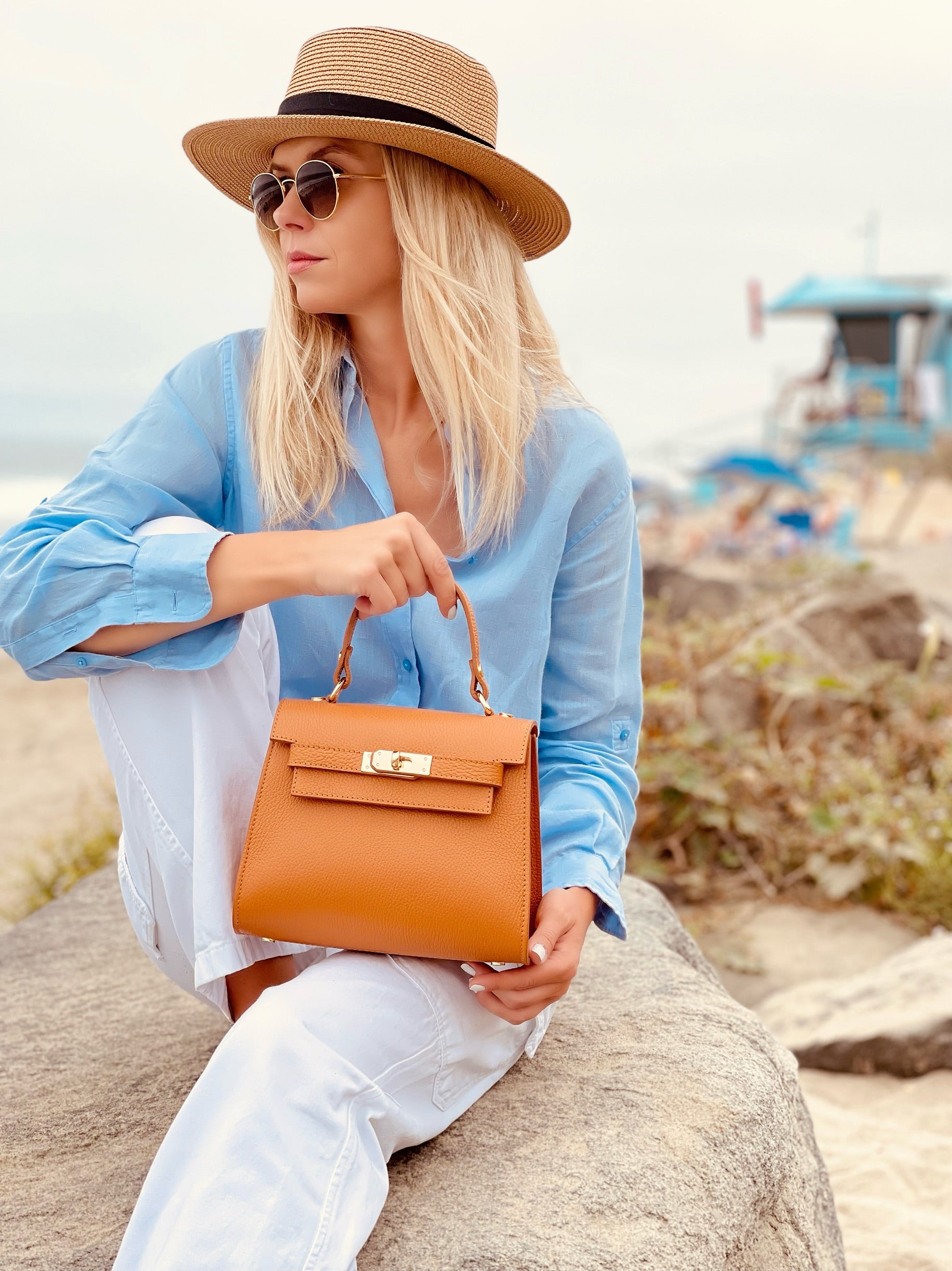 Meelana - Italian Leather Classic Satchel Handle Bag with Kelly Inspir ...